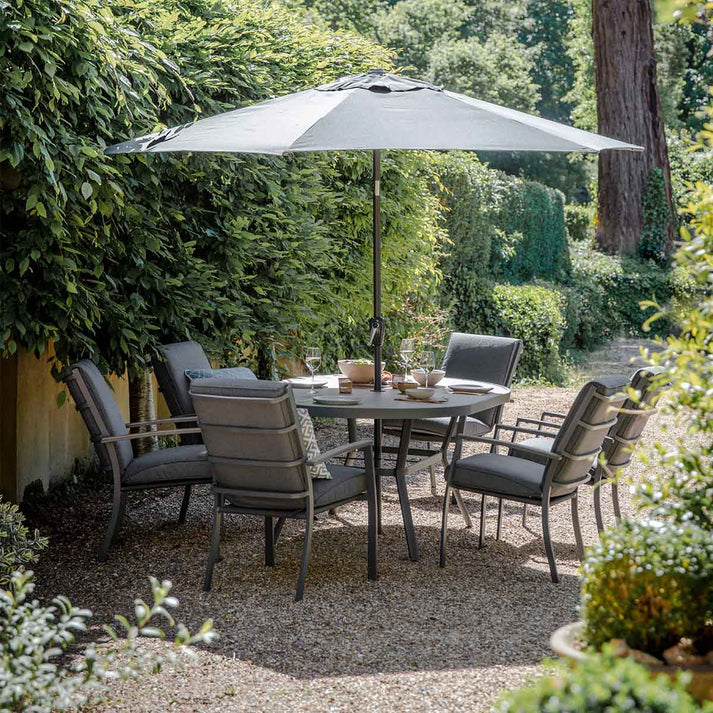 Monza 6 Seat Set with Highback Armchairs and 3.0m Parasol – LG OUTDOOR